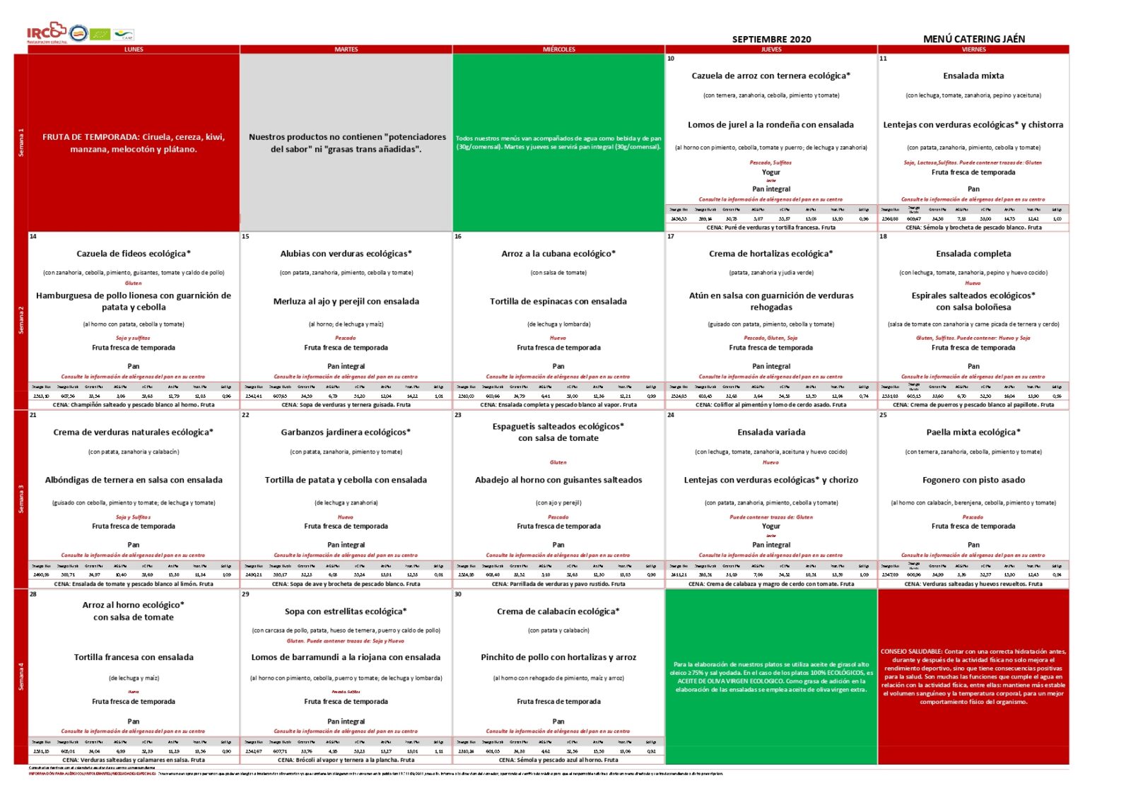 MENÚ ESCOLAR SEPTIEMBRE 2020 - CEIP Tetuán (Linares)